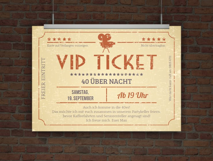 Drucke selbst! Kreative Einladungskarte VIP Ticket Retro